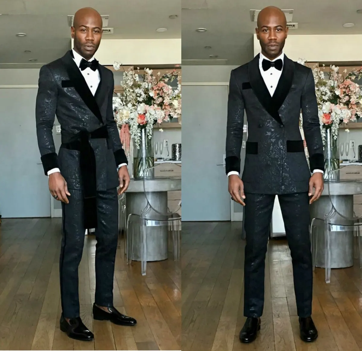 Groomsmen Tuxedo Suit Two-Piece Floral Pattern Shawl Lapel Double ...