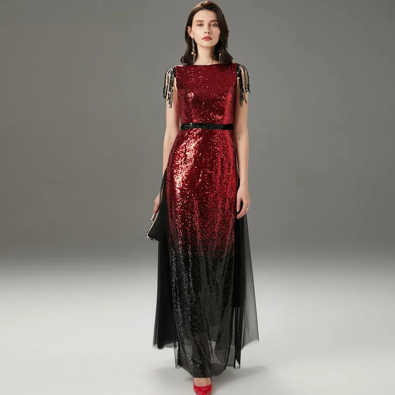 Elegant Women's Sleeveless Prom Dress - Sequin Tassel Color Block Party ...