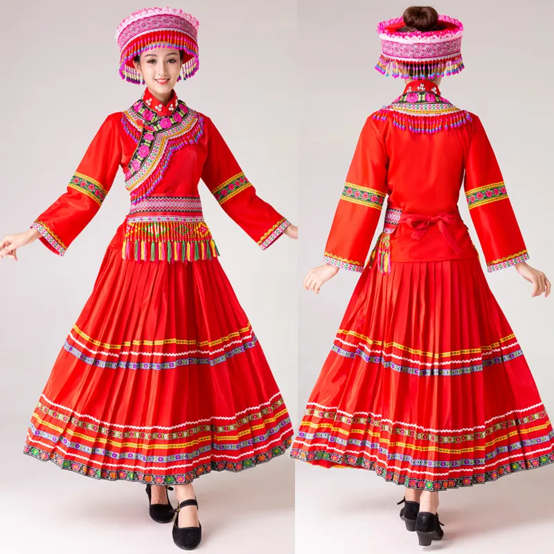 Red Embroidered Flower Dress Traditional Chinese Folk Dance Costume For ...