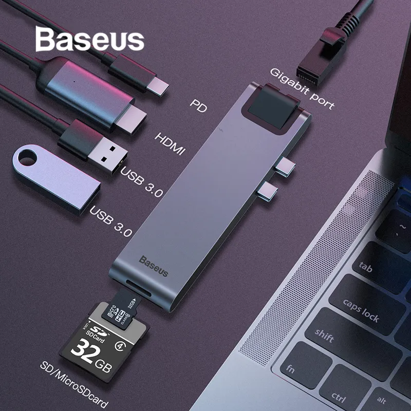 DHgate.com:Baseus Dual Type-C 7in1 USB 3.0 Type C HUB HDMI RJ45 Adapter for MacBook Pro OTG HUB ...