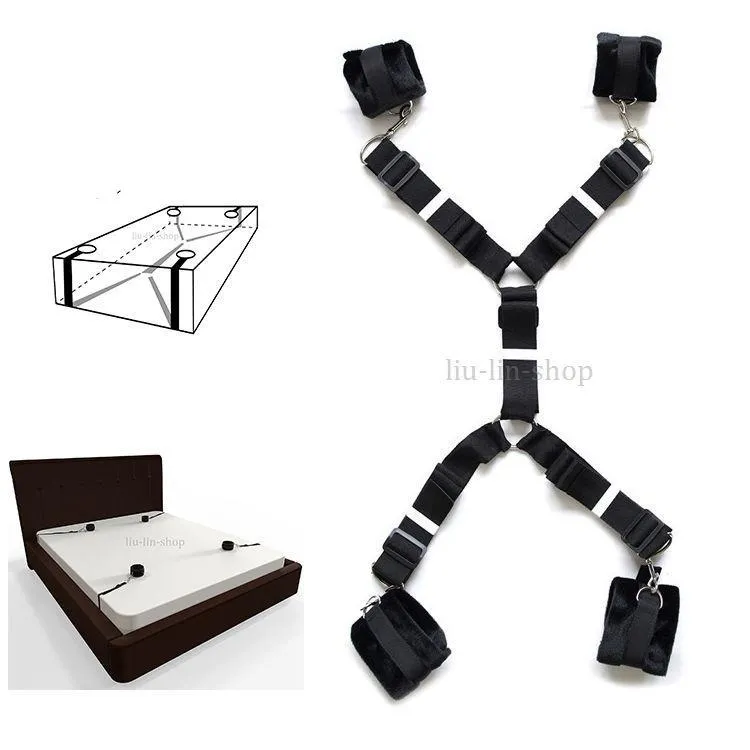 Bondage Under Mattress Bed Restraint Set Plush Wrist & Ankle Cuffs Fur ...