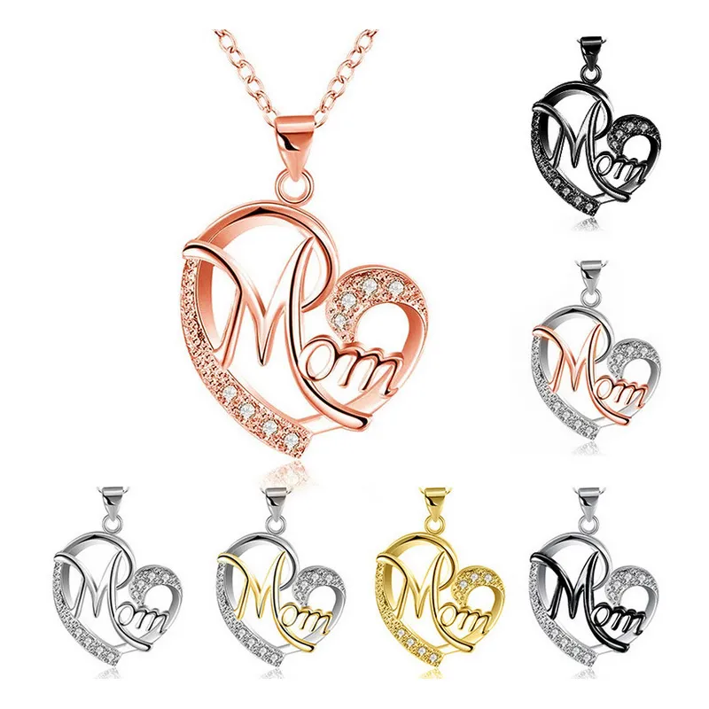 Multiple Color Letter Mom Pendant Necklace Rhinestone Heart Chain ...
