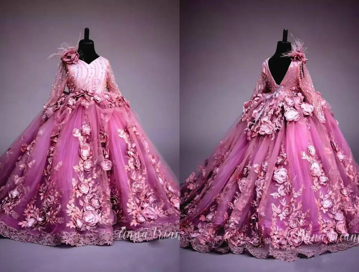 Luxury 3D Handmade Flowers Girl Dresses V Neck Feather Sequins Fluffy ...
