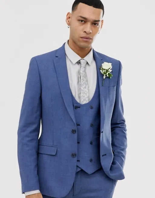 Men's Blue Polyester Three-Piece Wedding Suit with Peaked Lapel and Two ...