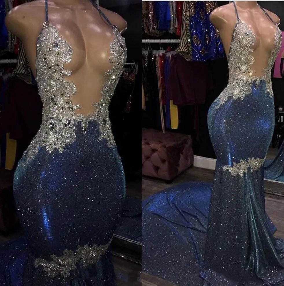Sexy Sparkly Mermaid Prom Dresses Halter Neck Crystal Sequins Beaded Backless Prom Gowns Formal ...