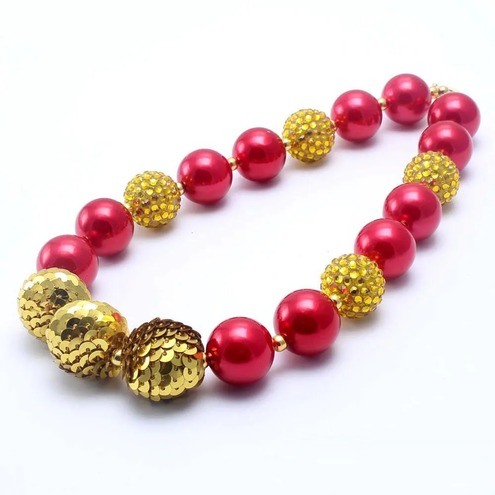 Children's Chunky Bead Necklace with Red Pearl and Gold Bling, Silver ...