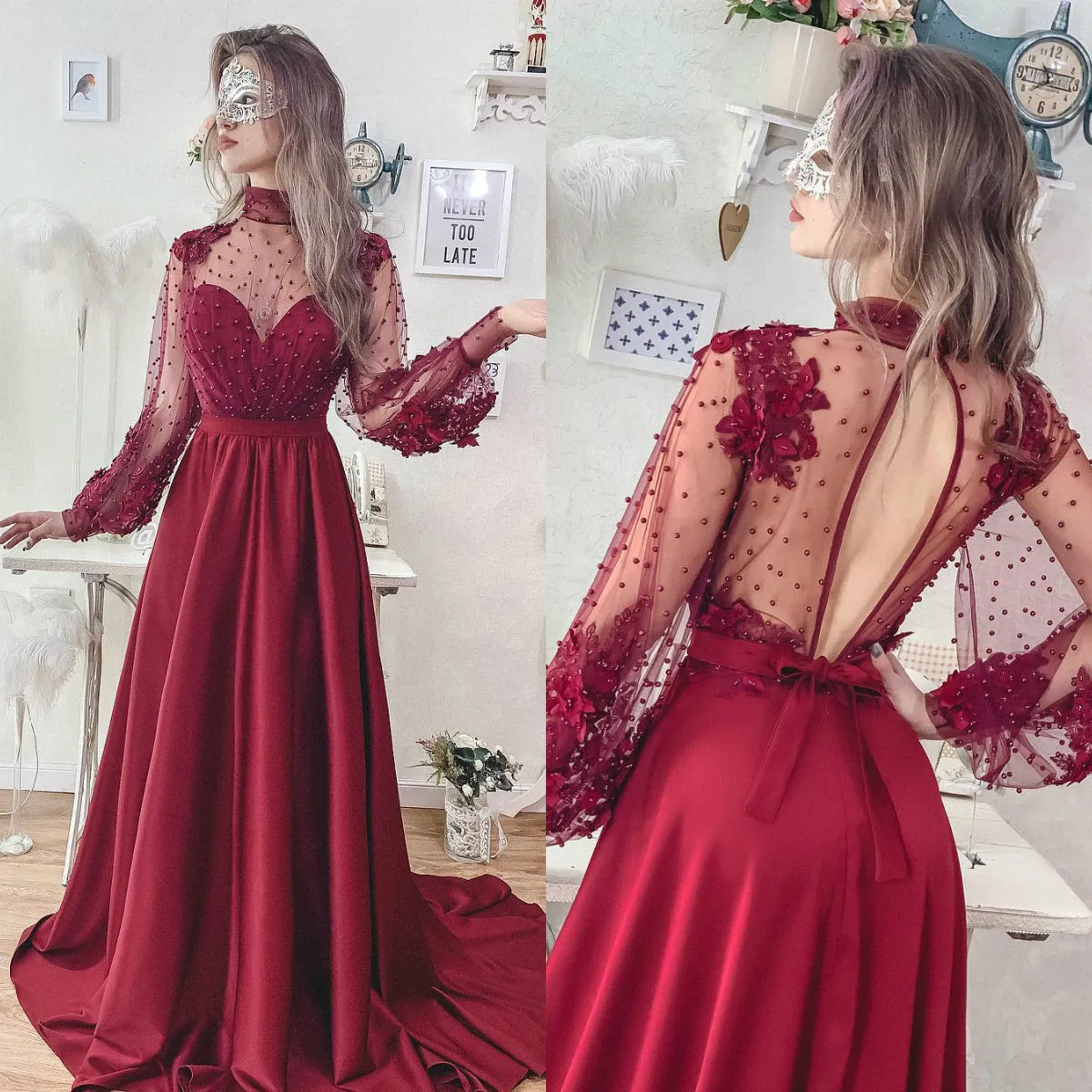 Dark Red Prom Dresses High Neck Lace Appliques Long Sleeve Beaded ...