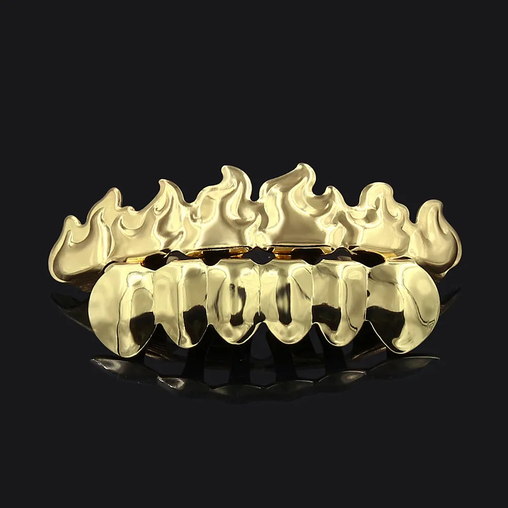 Gold Hip Hop Grillz Teeth Caps Top & Bottom Flame Grills Dental Mouth ...