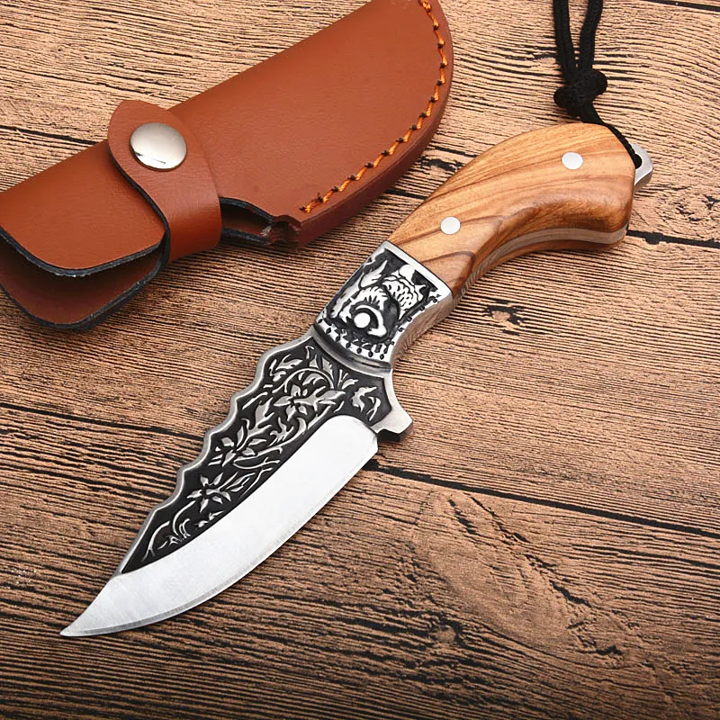 Premium Small Hunting Knife 440C Satin Blade Full Tang Wood Handle ...