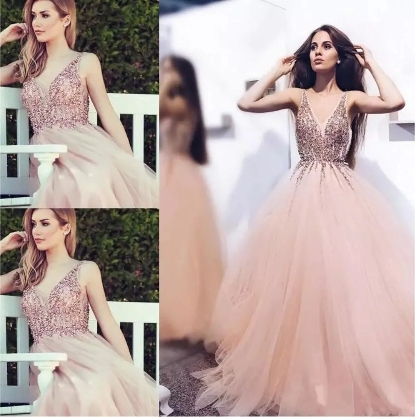 Luxurious A Line Arabic Blush Prom Dress V Neck Tulle Satin Beaded ...