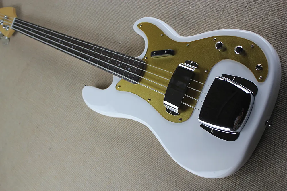Custom White Electric Bass Guitar - 4 String Bass, Gold Pickguard ...