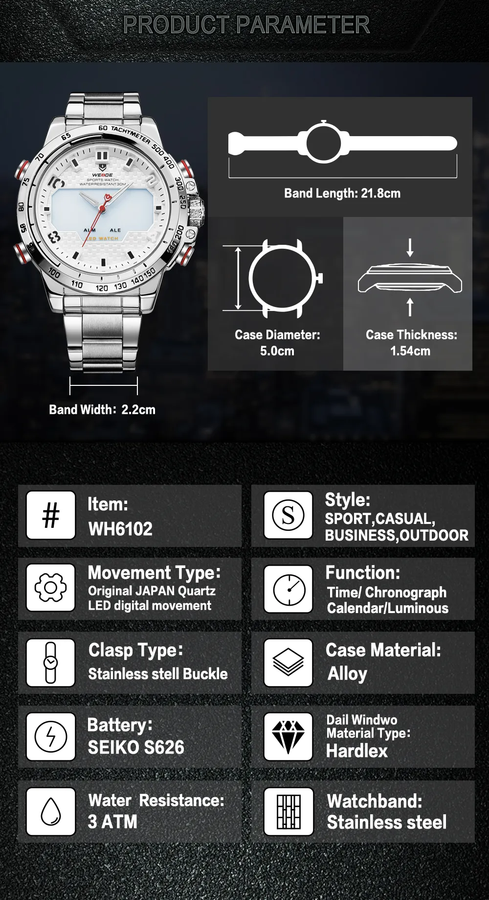 WEIDE Men's LED Watch: Stainless Steel Military Style Alarm Chronograph ...