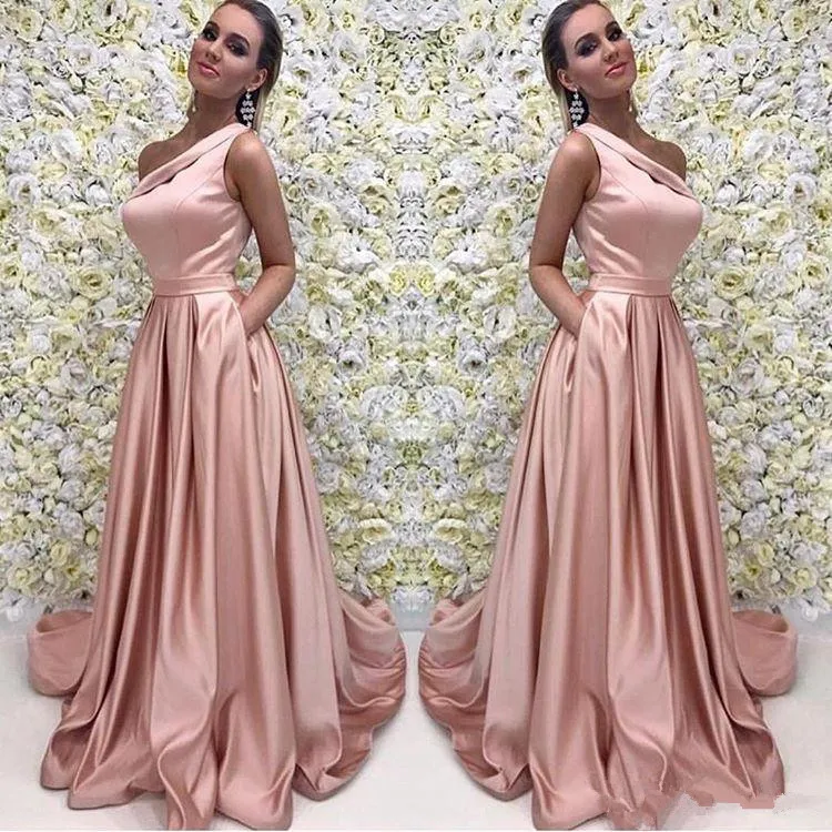Rose Gold Long Prom Dresses Elegant One Shoulder Sleeveless Floor ...