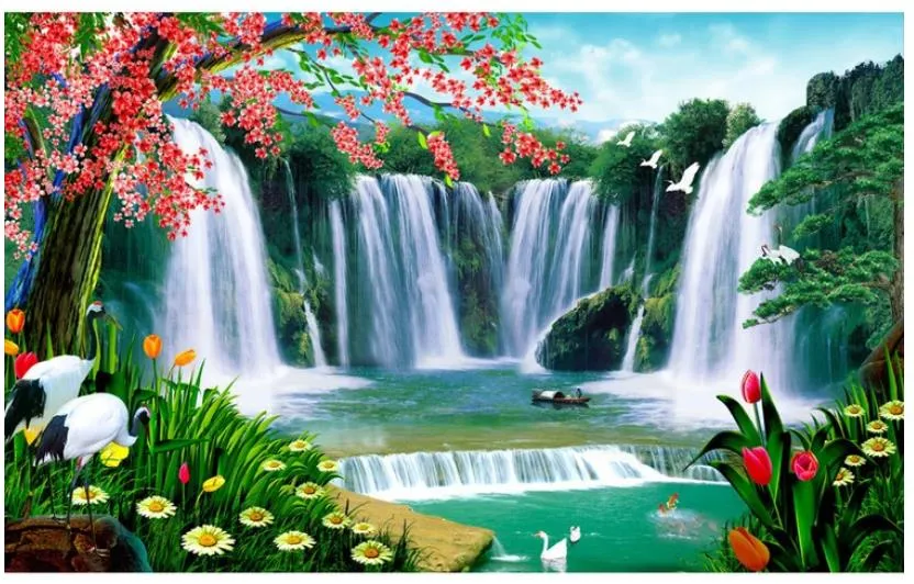 3D Waterfall Landscape Painting Wall Mural Silk Wallpaper, Customize ...