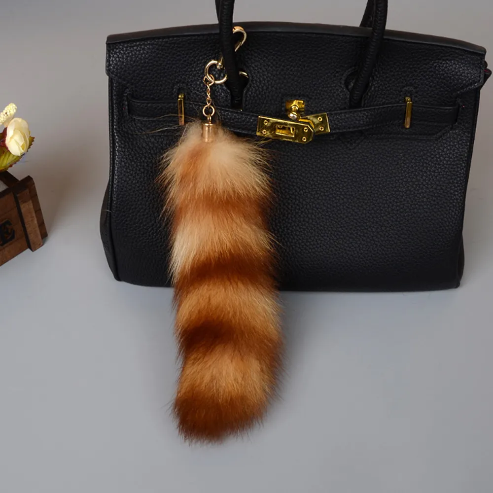 Real Raccoon Fur Stripe Tail Fox Tail Keychain Charms 25CM Length For ...