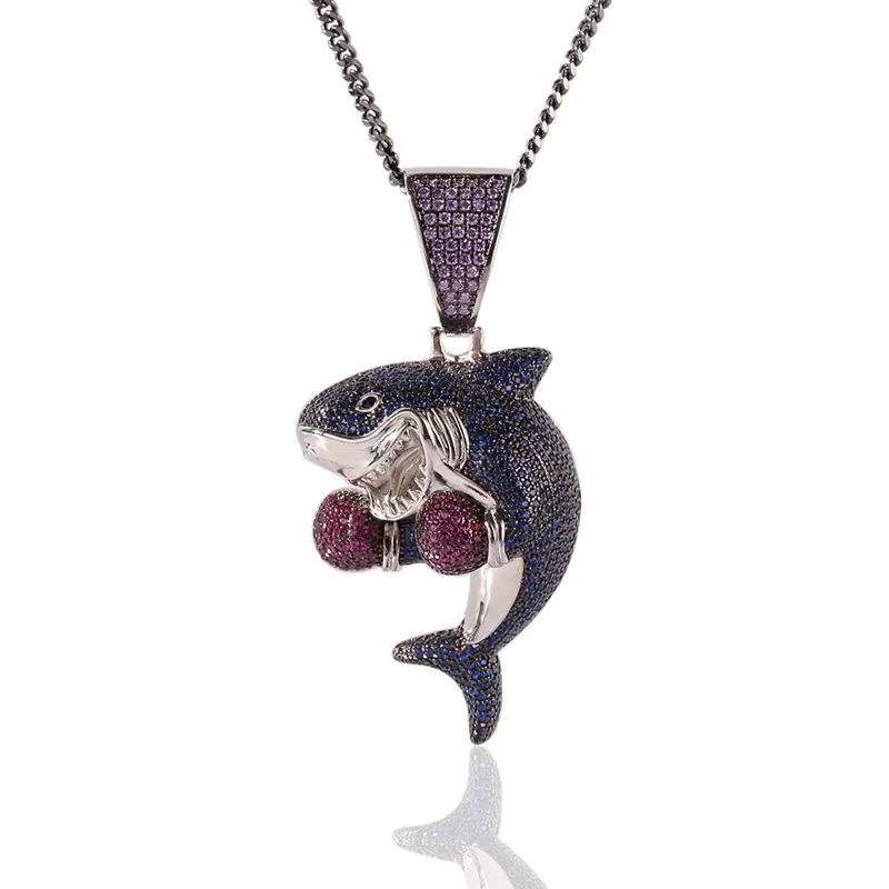 Iced Out Boxing Shark Pendant Necklace Fashion Mens Hip Hop Jewelry ...