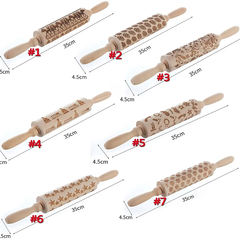 Embossed Rolling Pin Wood Reindeer Snowflake Christmas Bakeware Dough ...