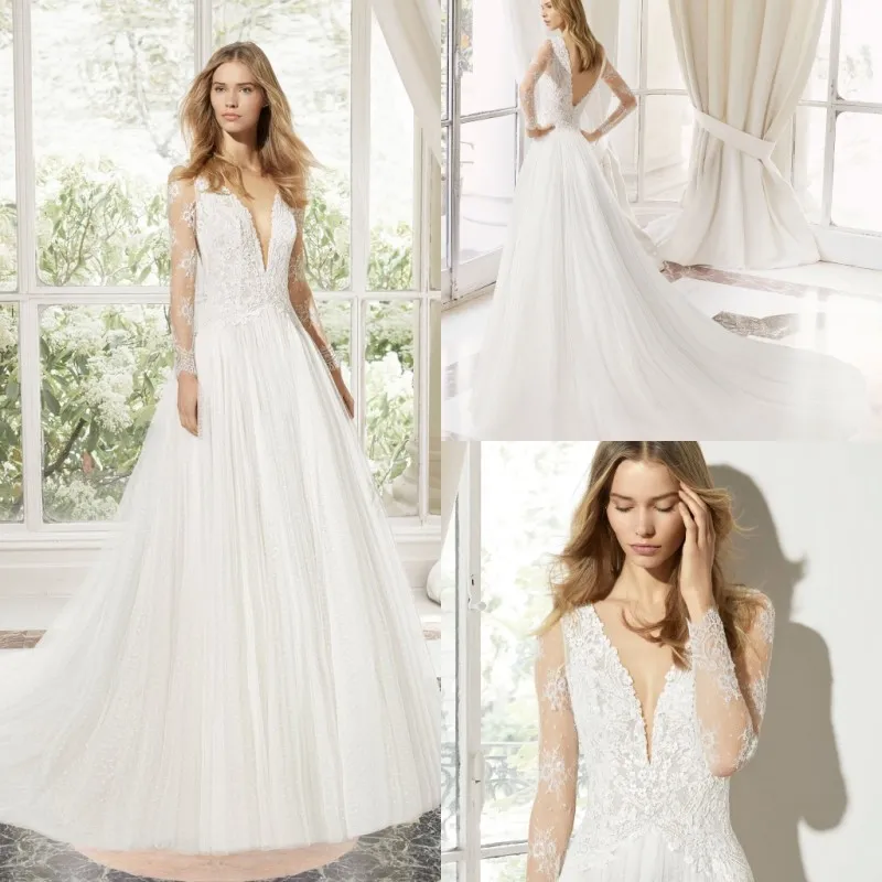 Boho long sleeve lace wedding dress with deep V-neck tulle fabric and ...