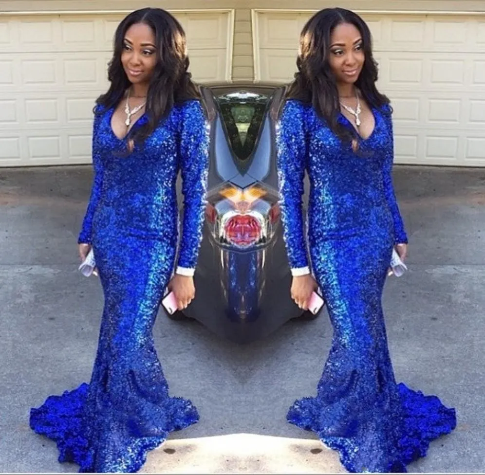 Royal Blue Mermaid Prom Dress V-Neck Sequined Long Sleeves Sweep Train ...