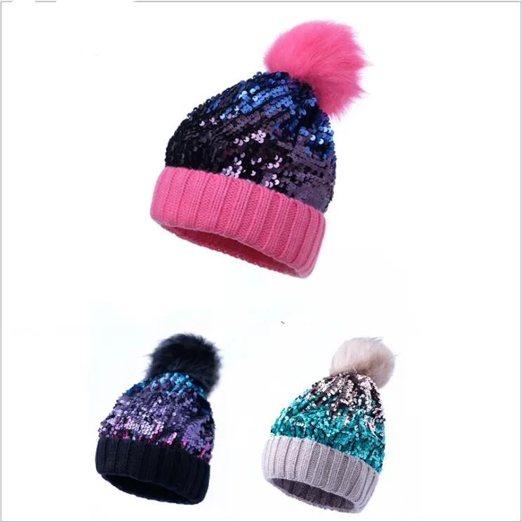Winter Glitter Fur Pompom Sequined Cap Beanie For Girls Casual Warm ...