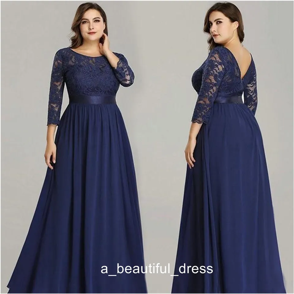 Deep Blue Plus Size Prom Dress with Lace Chiffon Fabric, Jewel Neckline ...