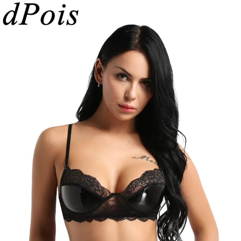 Bras Sexy Women Bra Push Up Latex Tops Wetlook Faux Leather Lace
