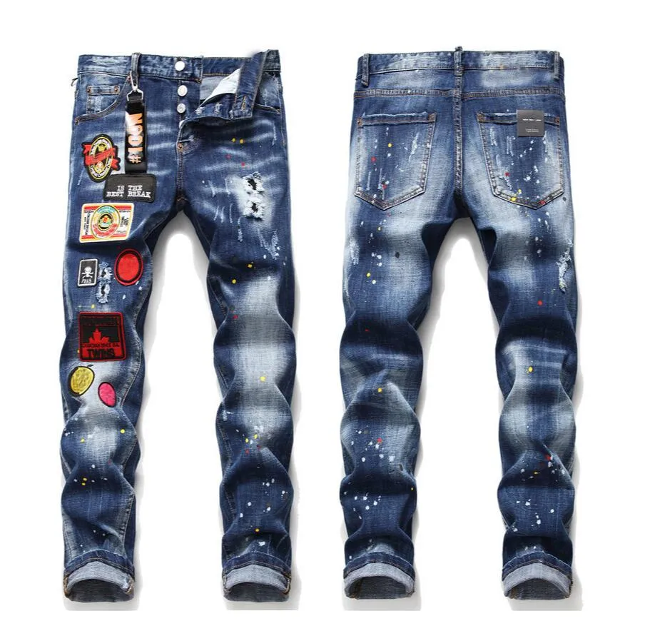 Men More Badge Slim Fit Jeans Straight Leg Washed Fashion Designer ...