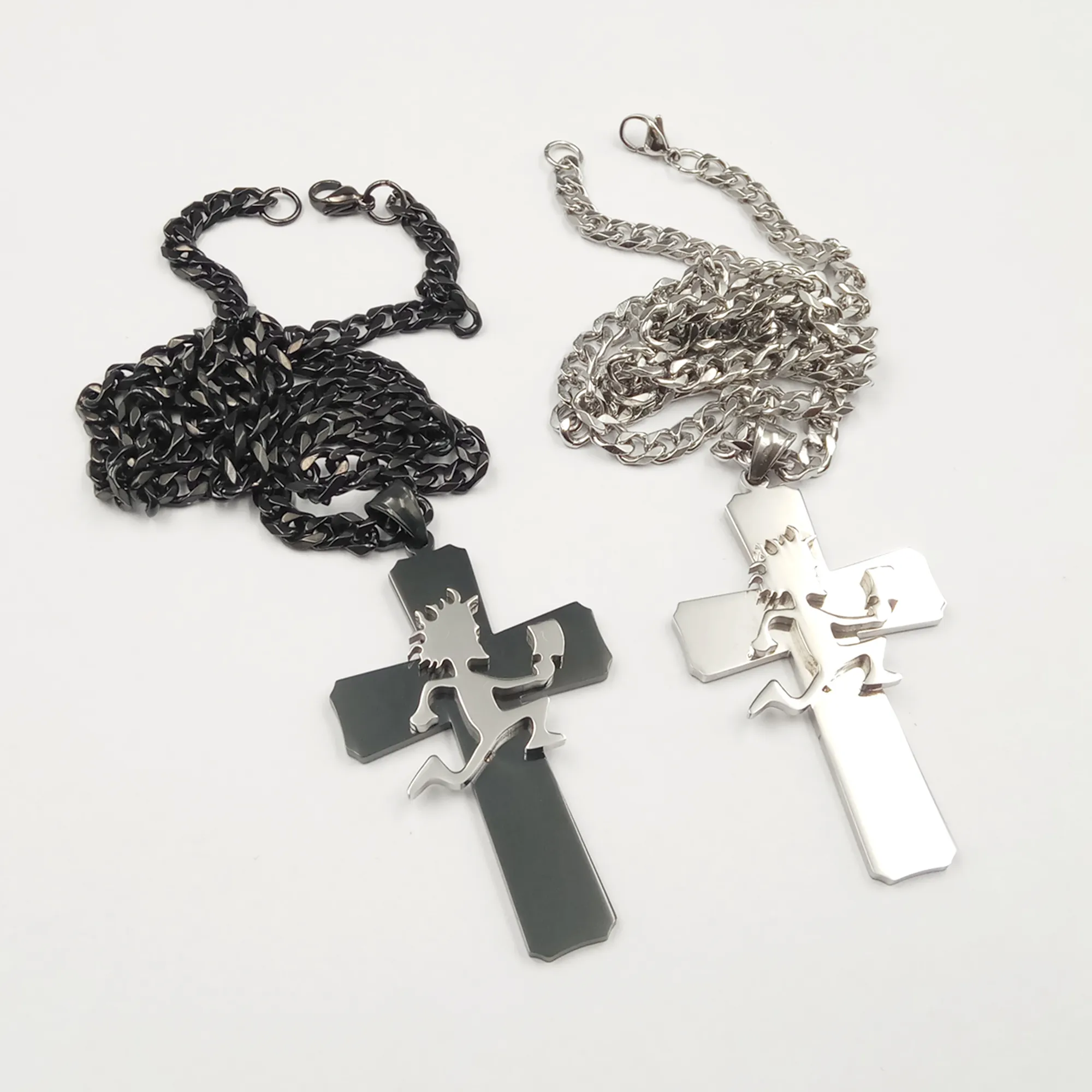 Large Silver/Black Cross Pendant Necklace - 24'' Stainless Steel Curb ...