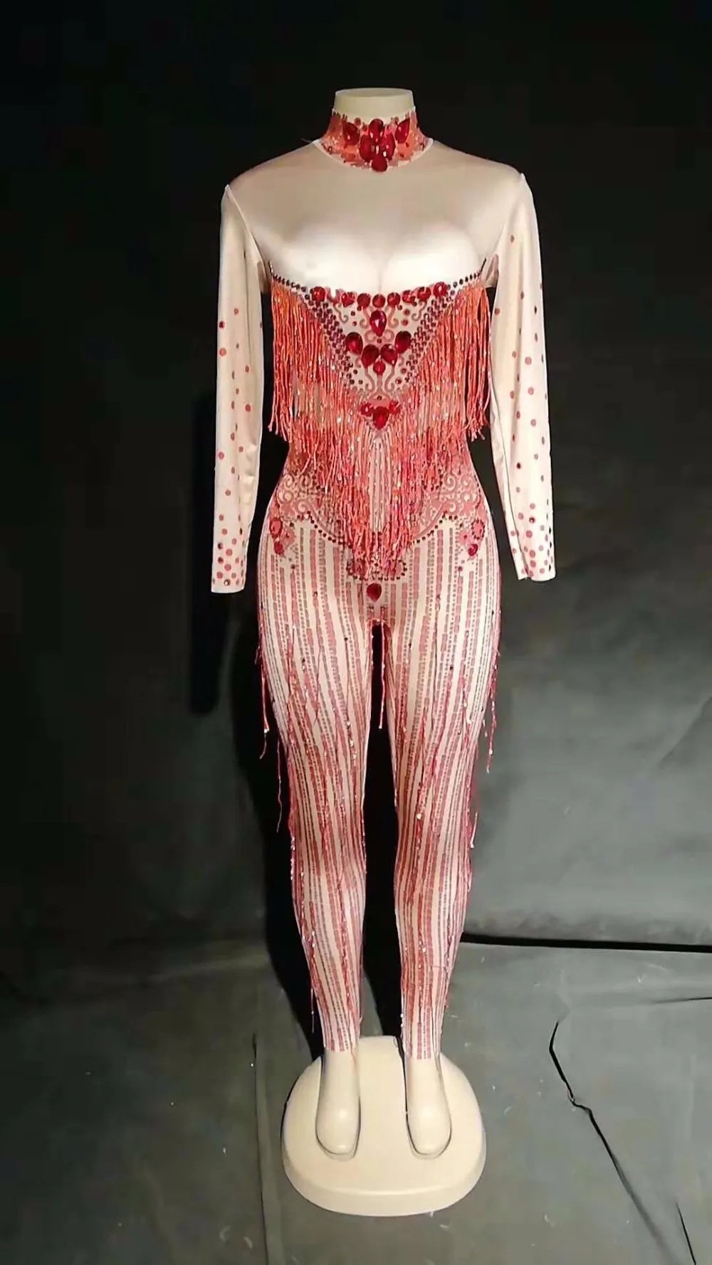 Glisten Rhinestones Jumpsuit Red Tassel Women Sexy Bodysuit Festival