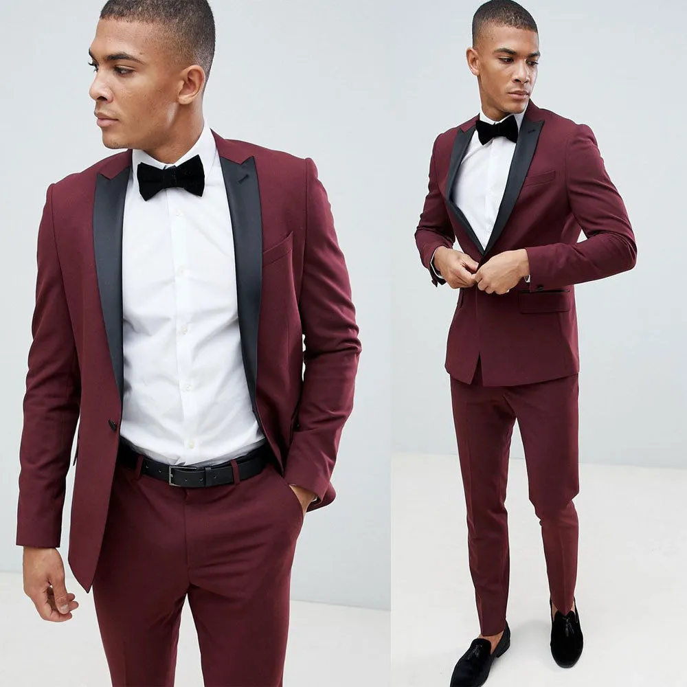 Groomsmen Tuxedos Vino Rojo Slim Fit Suites Para Hombre Suits De Boda ...