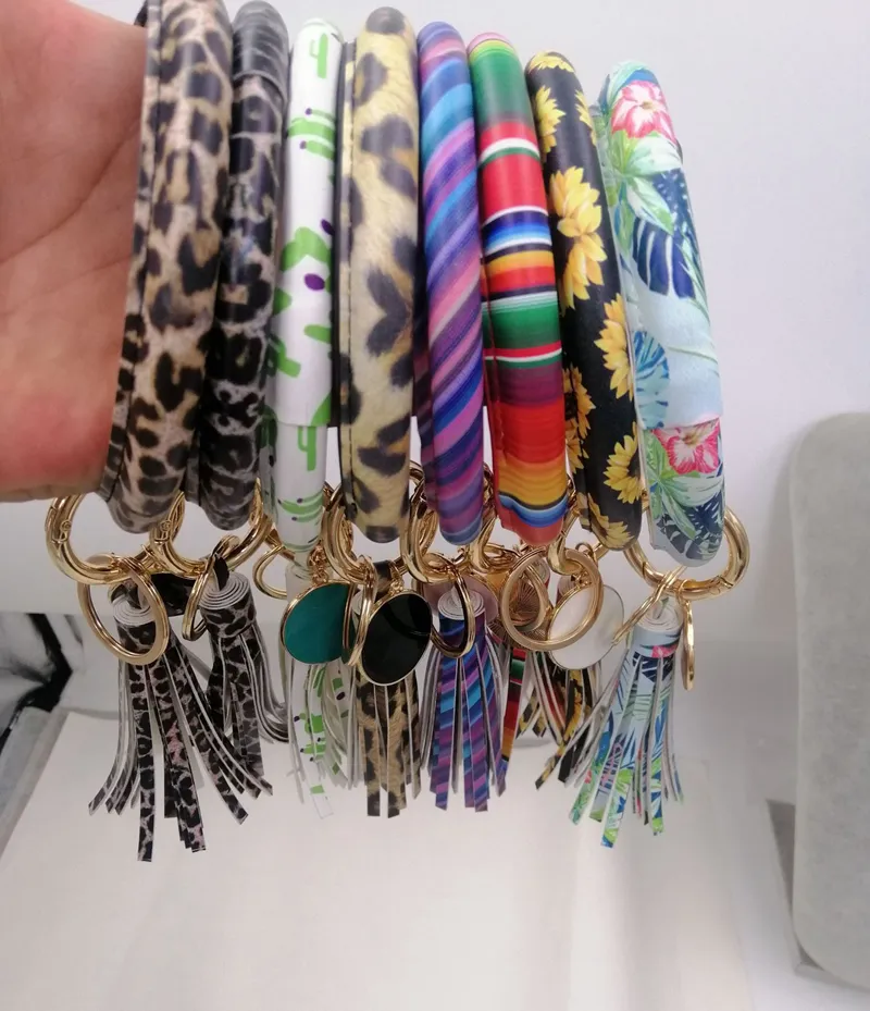 Custom Circle Tassel PU Leather Wristlet Keychain Bracelet For Women ...