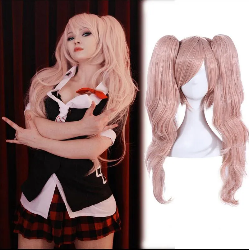 Junko Enoshima Cosplay Pink Long Synthetic Wig With 2 Small