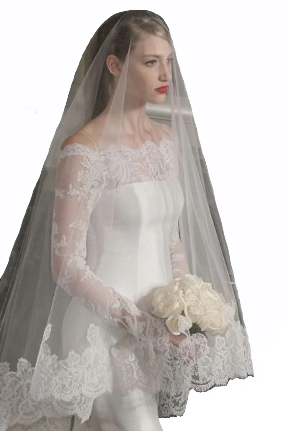 Lace Appliqued Bridal Veil - 2.5 Meter Single Layer Wedding Veil - Shop ...