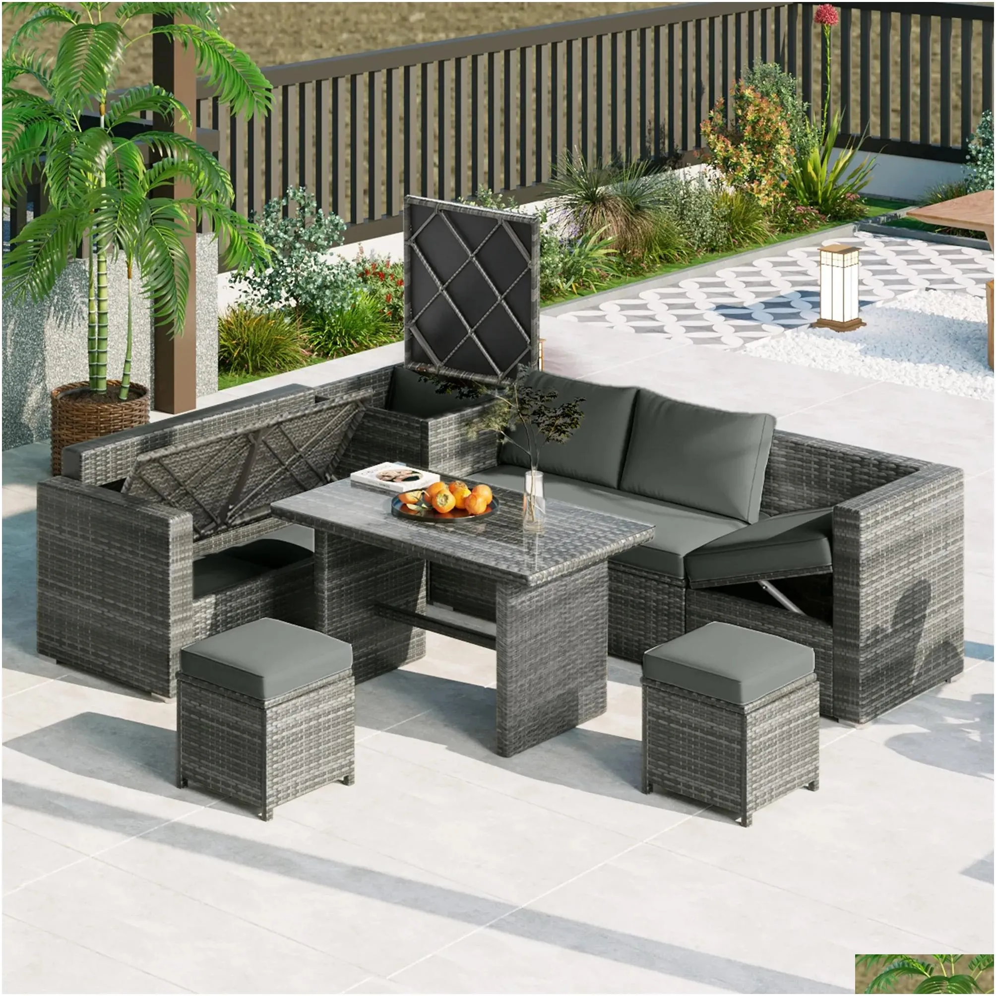 Garden Sets Outdoor 6 Piece Pe Rattan Sofa Set Patio Wicker Sectional Furniture With Adjustable Seat Storage Box Drop Delivery Home Otgvj