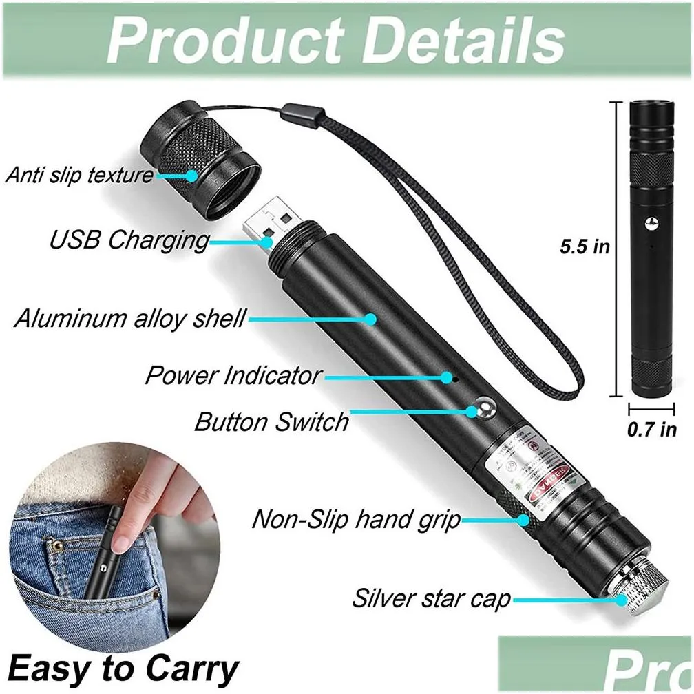 DHgate.com:710nm Green Laser Pointer Pen with Adjustable Focus, USB Charger, Drop Delivery ...