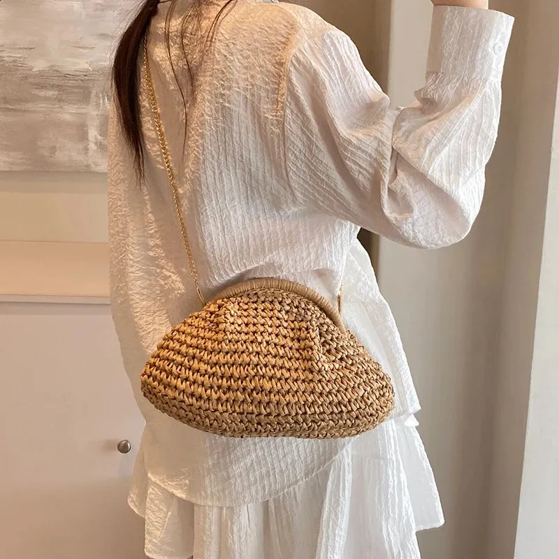 Extra Large Straw Shoulder Bag with Zipper Closure and Three PU Handles ...
