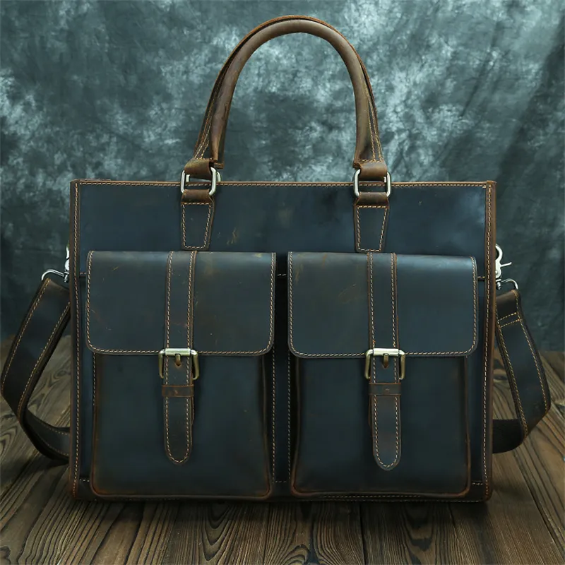 High End Vintage Crazy Horse Leather Office Men's Leather Briefcase ...