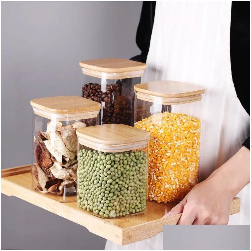 Transparent Square Glass Pantry Storage Jars With Bamboo Lid For Grain ...