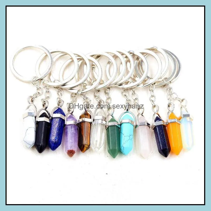 Natural Stone Hexagonal Prism Keychain With Amethyst, Rose Quartz ...