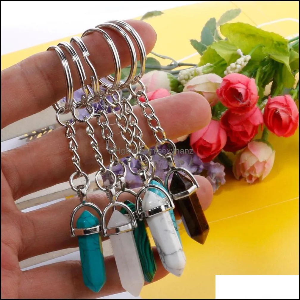 Natural Stone Hexagonal Prism Keychain With Amethyst, Rose Quartz ...