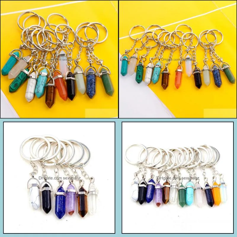 Natural Stone Hexagonal Prism Keychain With Amethyst, Rose Quartz ...