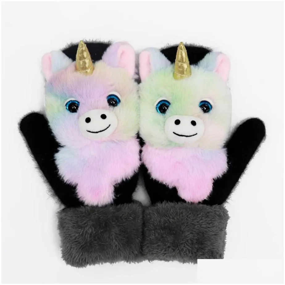 Fur Lined Leather Mittens, Cute 3D Animal Plush Winter Gloves, Soft ...
