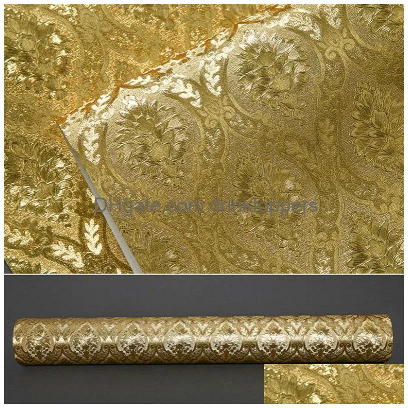 Gold Embossed Brocade Wallpaper Roll For Bedroom, Living Room Classic ...
