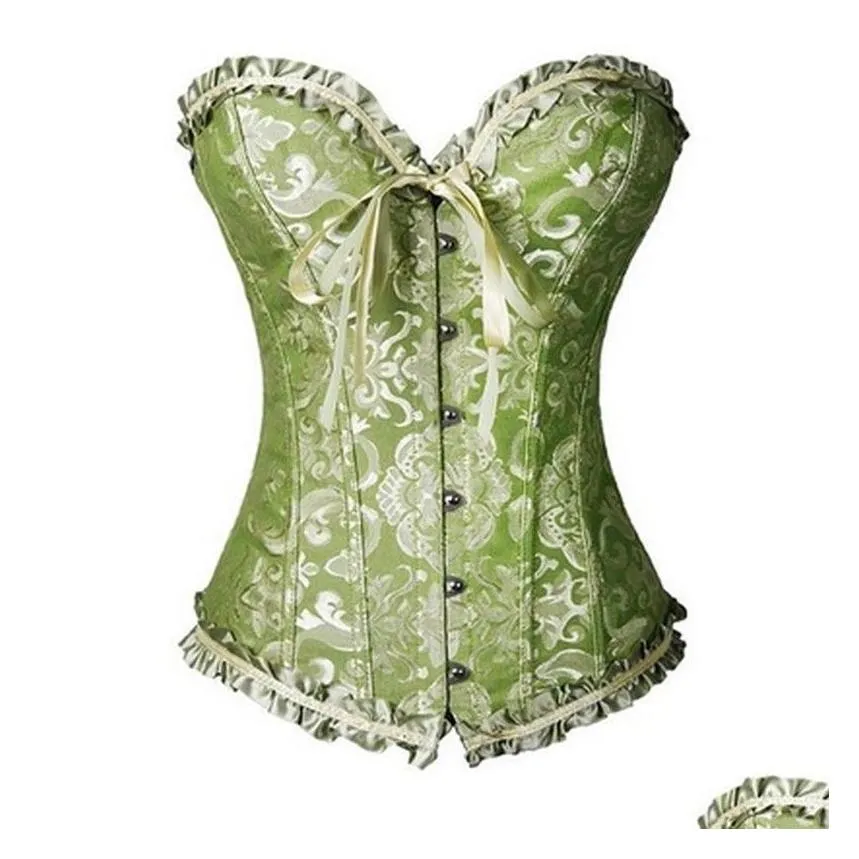 Frill Jacquard Brocade Corset: Plus Size Lace-Up Overbust - Floral ...
