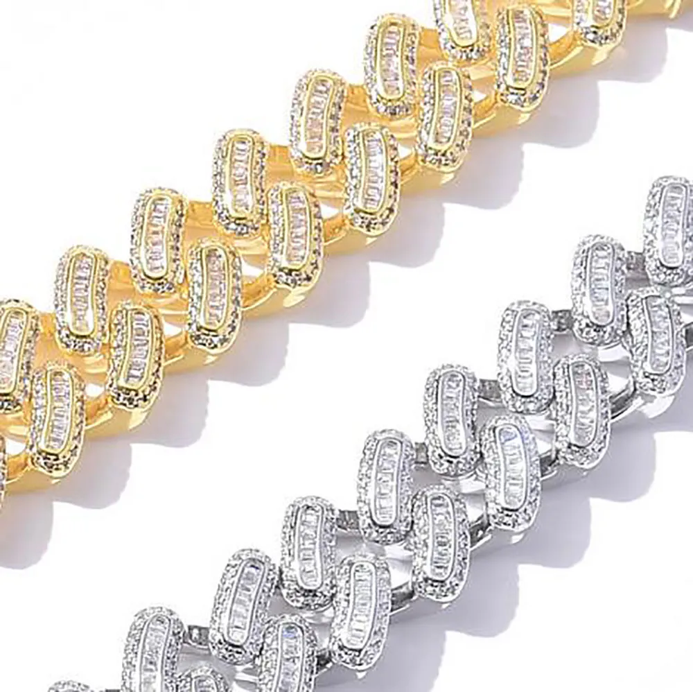 Mens 15MM Baguette Diamonds Cuban Link Chain Necklace Cubic Zirconia ...