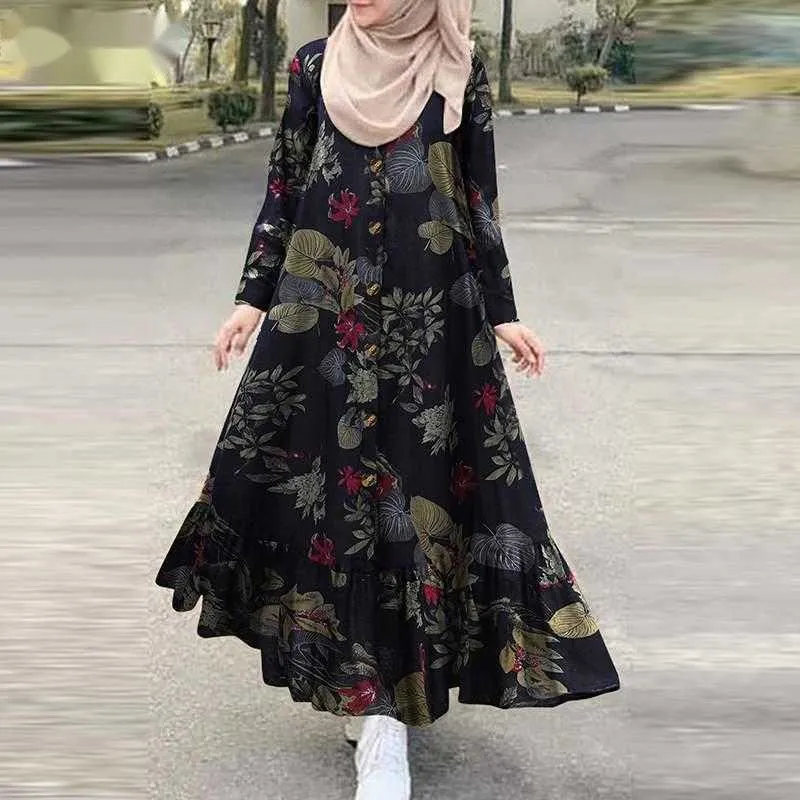 Plus Size Muslim Women Maxi Dress Long Sleeve Halter Neck Natural ...
