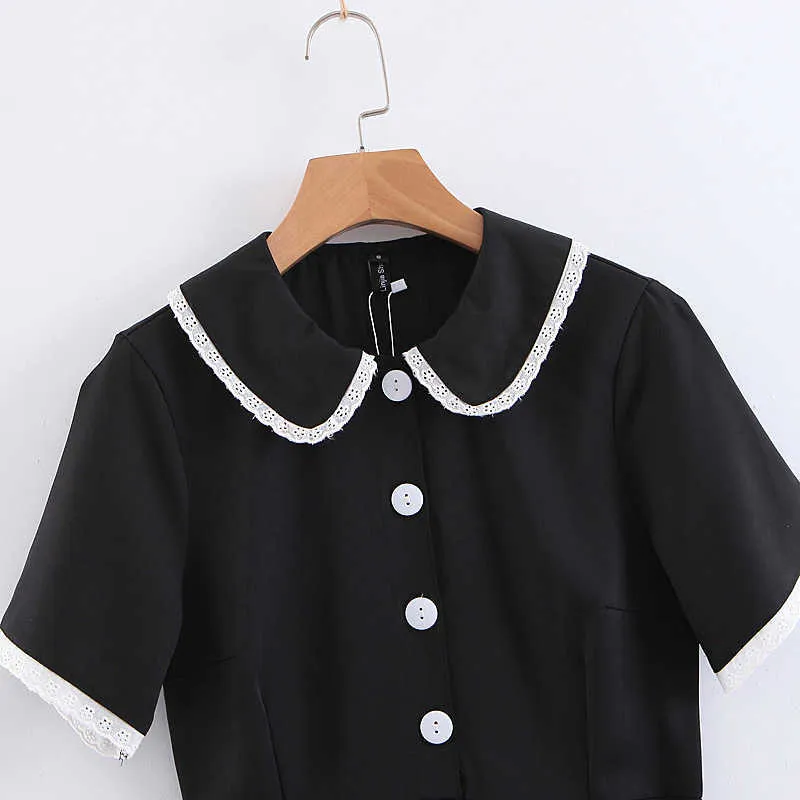 Estilo Preppy Meninas Bonitos Peter Pan Collar Botão Mini Vestido Doce ...