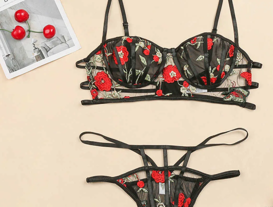 Floral Lace Lingerie Set Thong And Bra For Women Sexy Erotic