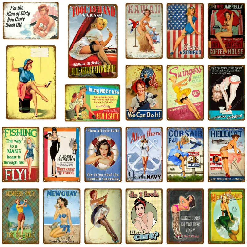 Sexy Girl Pin Up Metal Tin Signs Hawaii Navy Fishing Lady Vintage Wall ...