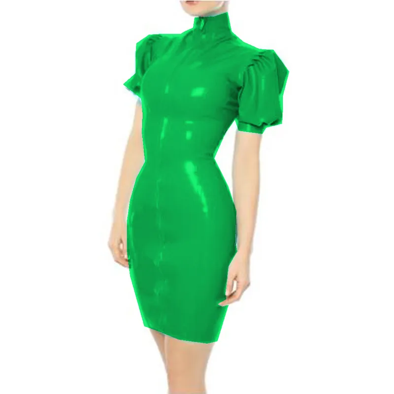 Plus Size Sexy High Neck PVC Mini Dress Women Short Puff Sleeve Bodycon ...